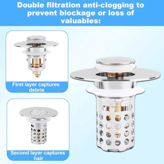 Universal Bathroom Sink Stopper, Stainless Steel Pop-Up Washbasin ...
