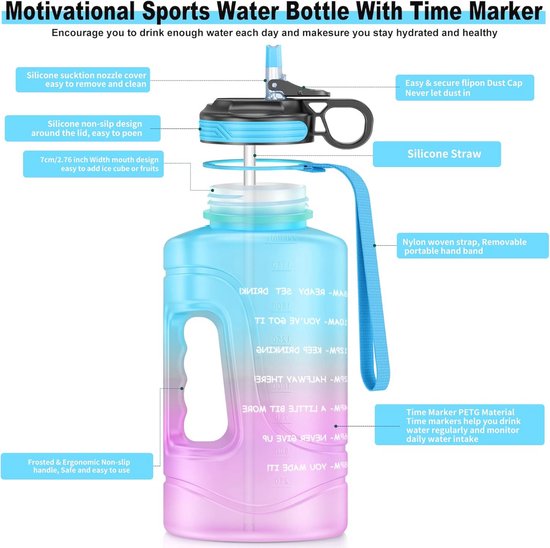 Grote Motivatie Waterfles met Tijdmarkeringen en Rietje - 2,2 Liter BPA ...