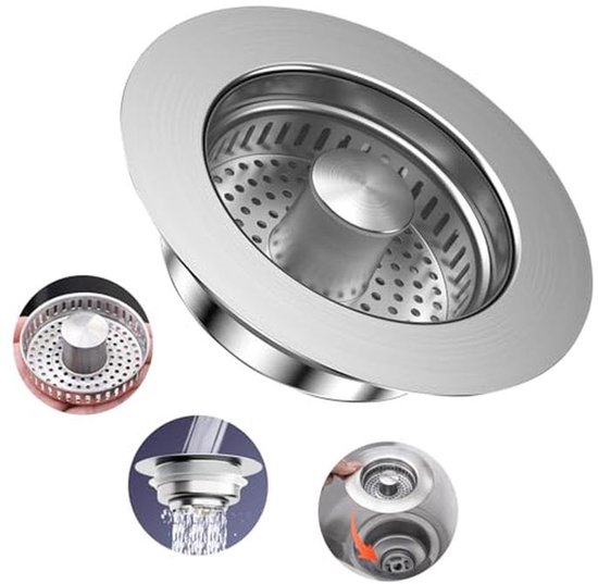 3-in-1 pop-up roestvrijstalen afvoerzeef voor gootsteen en ...