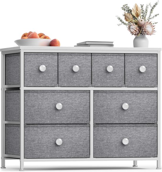 Groot Dressoir met 8 Laden en Houten Bovenblad - Stoffen Opbergkast ...