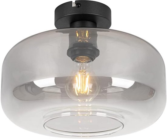 Ronde Art Deco plafondlamp zwart met smoke glas - 28 cm - E27 - Max. 1 ...