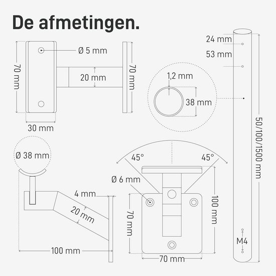 Metalen Trapleuning Zwart 100 cm met 2 Flexibele Beugels voor Binnen en ...