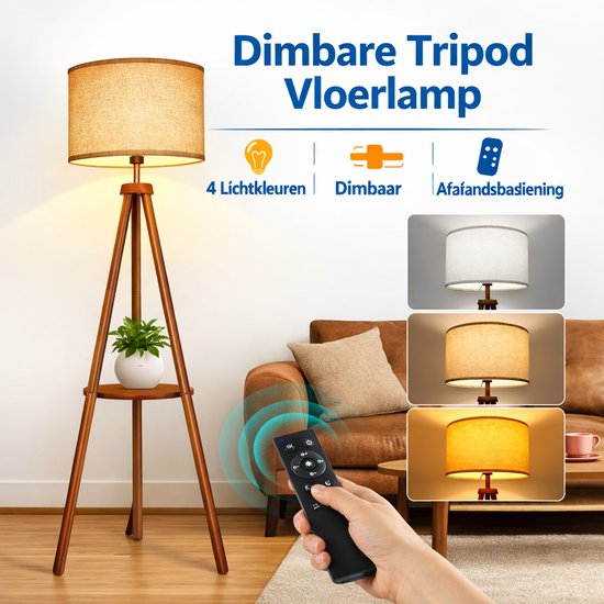 LED Vloerlamp Dimbaar Driepoot Hout met Plank, Afstandsbediening, 4 ...