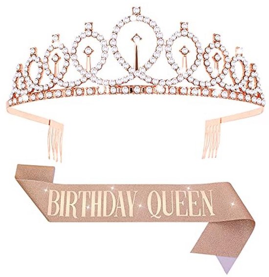 Verjaardags Sjerp en Tiara Set voor Vrouwen – Roze Gouden Glitter Kroon en Sjerp voor... | bol