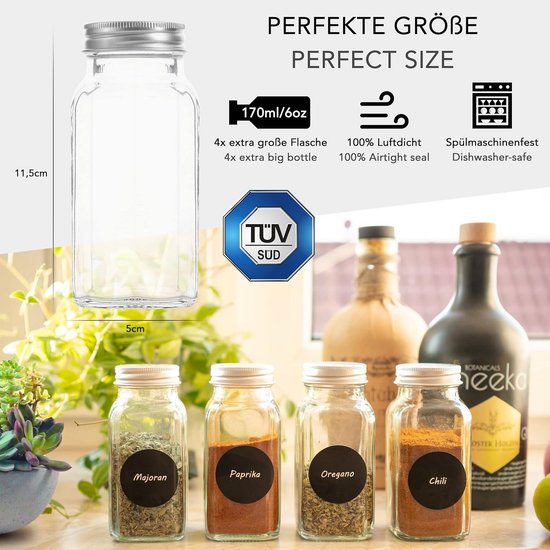 Set van 4 Kruidenpotjes Navulbaar (170 ml) met 8 Strooi-Dopjes in 2 ...