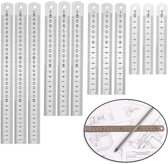 Set van 12 RVS Linialen - Dubbelzijdig Metrisch & Inch - 4 Maten (10/15 ...