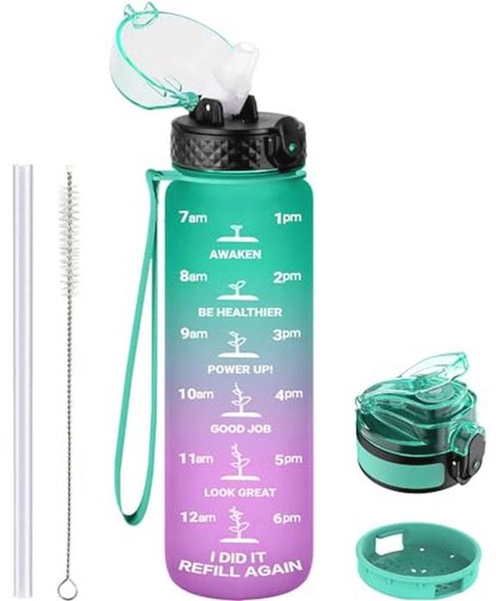 Sport waterfles 1L met stro en tijdmarkeringen, ideale lekbestendige ...