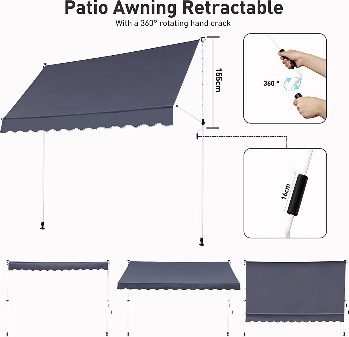 Handmatig intrekbaar klemscherm, luifel voor terrassen balkon van ...
