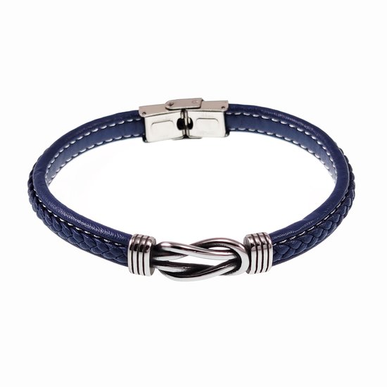Armband Heren - Blauwe Leren - Stalen Zilver Kleur - Symbool ...