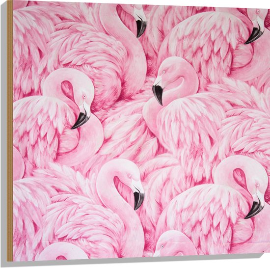 WallClassics - Hout - Getekende Roze Flamingos - 80x80 cm - 12 mm dik ...