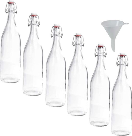 mikken 6 x glazen fles 1 liter met beugelsluiting van porselein incl ...