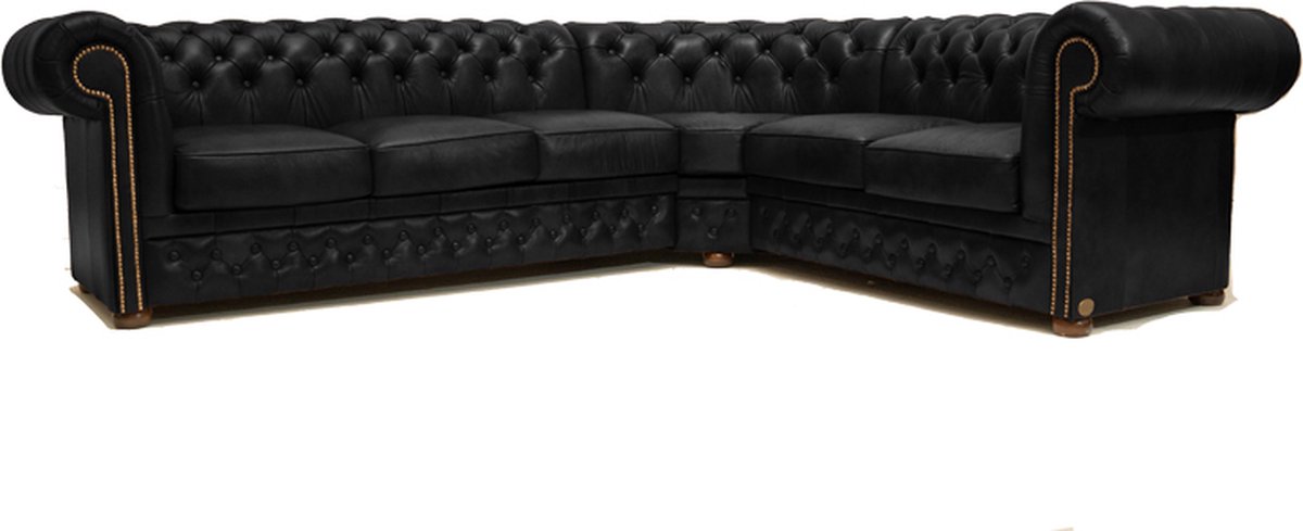 Chesterfield Hoekbank First Class Leer | 3 hoek 2 |Mat Zwart | 2 tot 4 ...