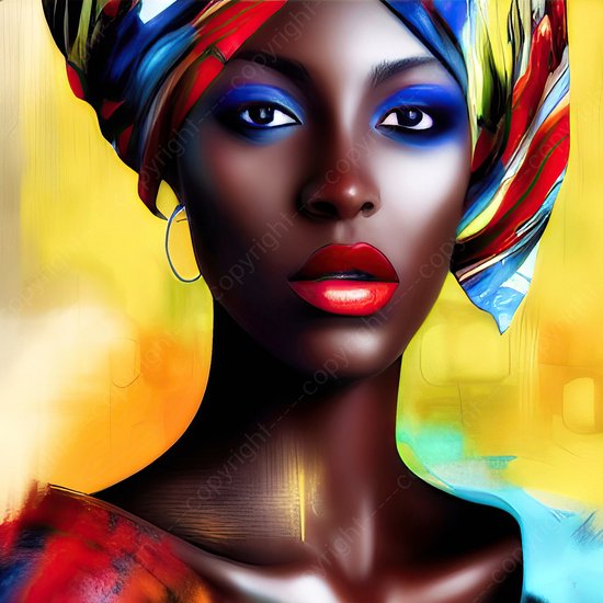 JJ-Art (Canvas) | Donkere Afrikaanse vrouw - geschilderde stijl - felle kleuren -... | bol.com