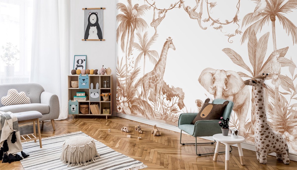 Fotobehang - Behang - Jungle Dieren Terracotta - Vliesbehang - 152,5 x ...