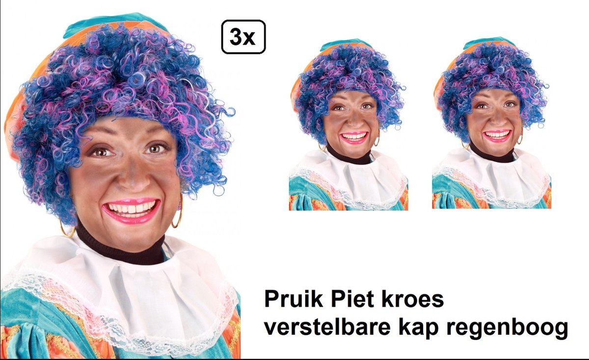 3x Pieten pruik luxe regenboog verstelbare kap - Sinterklaas feest ...