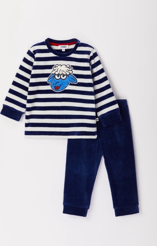 Woody pyjama velours baby jongens - donkerblauw-wit gestreept - schaap ...