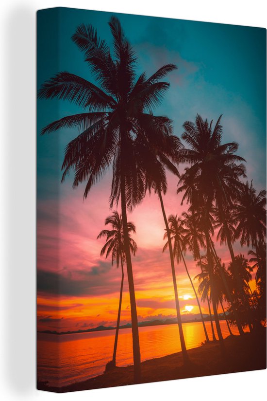 Canvas - Palmboom - Strand - Zee - Zon - Muurdecoratie - 90x120 cm - Canvas doek -... | bol