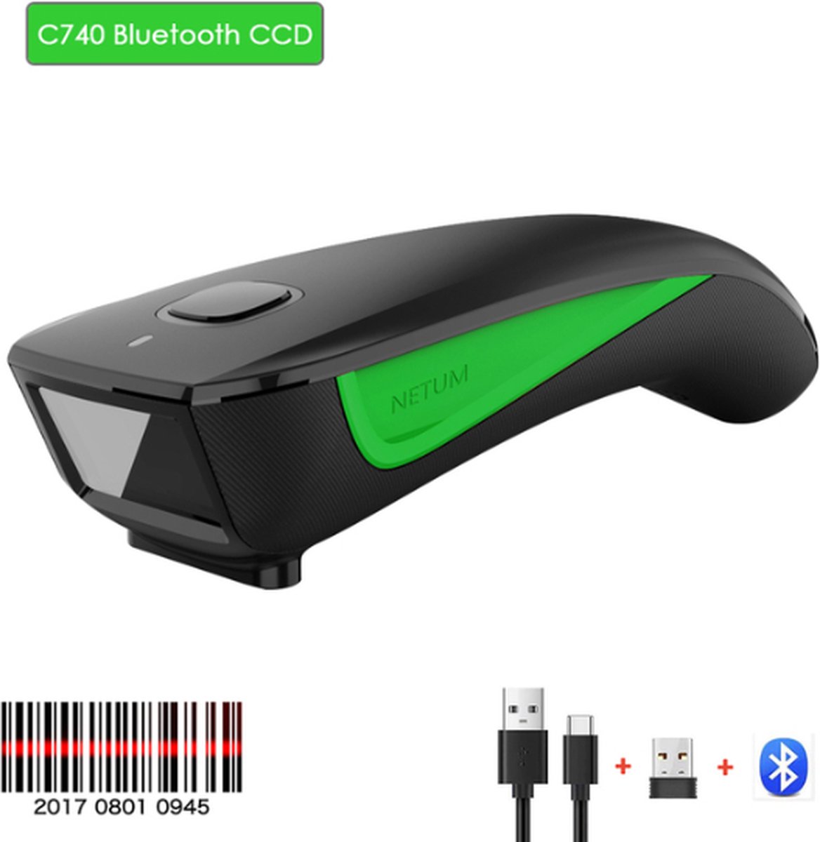 Netum Barcode Scanner - Barcode Scanner Draadloos - Zwart met Groen ...
