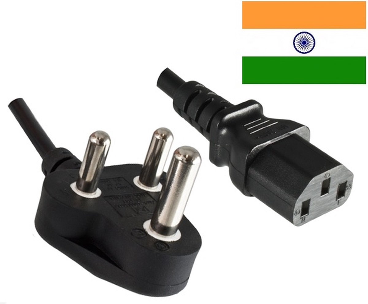 Apparaatsnoer met rechte C13 plug en haakse type M stekker (India) - 3x ...