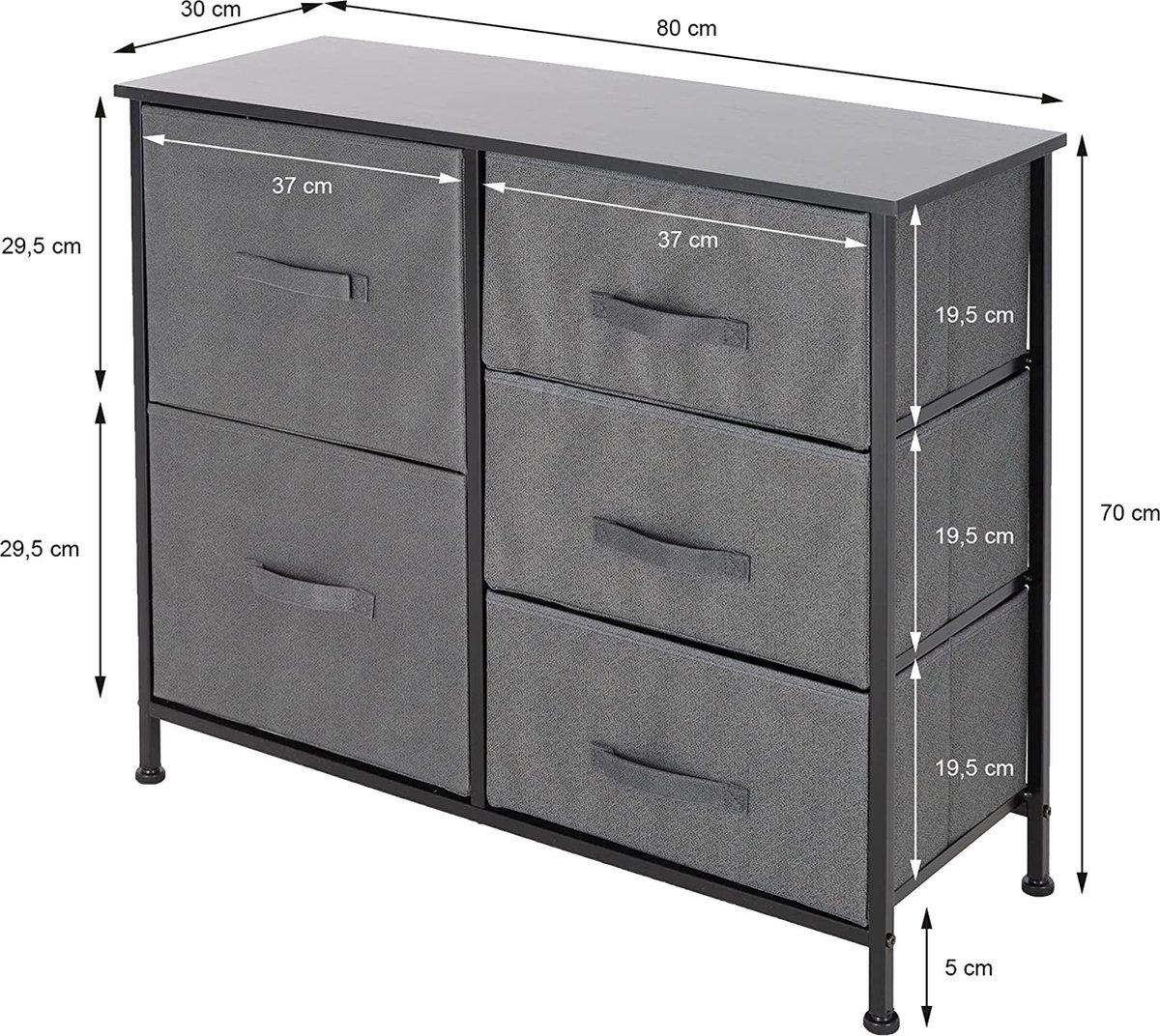 cgpn - Stoffen opbergkast met 5 lades, 80 x 30 x 70 cm, grijs, zwarte ...