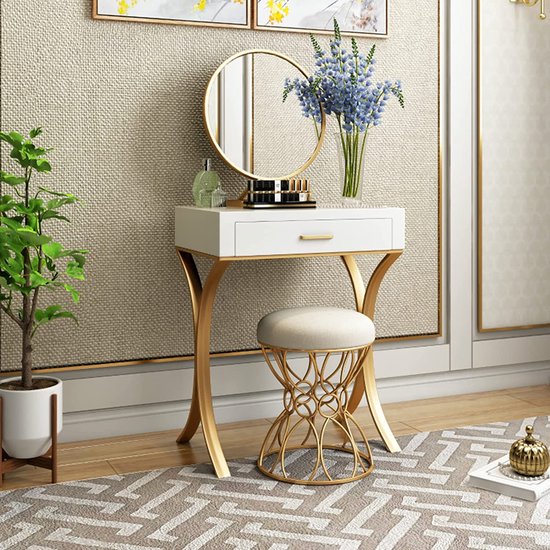 CGPN Modern Round Dressing Table Stool, Linen Upholstered Ottoman with ...