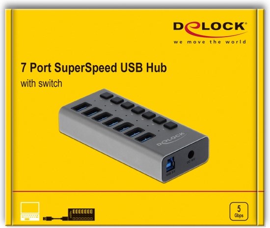 Delock USB hub - 7 poorten - USB 3.0 - 12V voeding - aan/uit ...