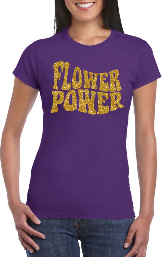 Toppers - Paars Flower Power t-shirt met gouden letters dames - Sixties ...