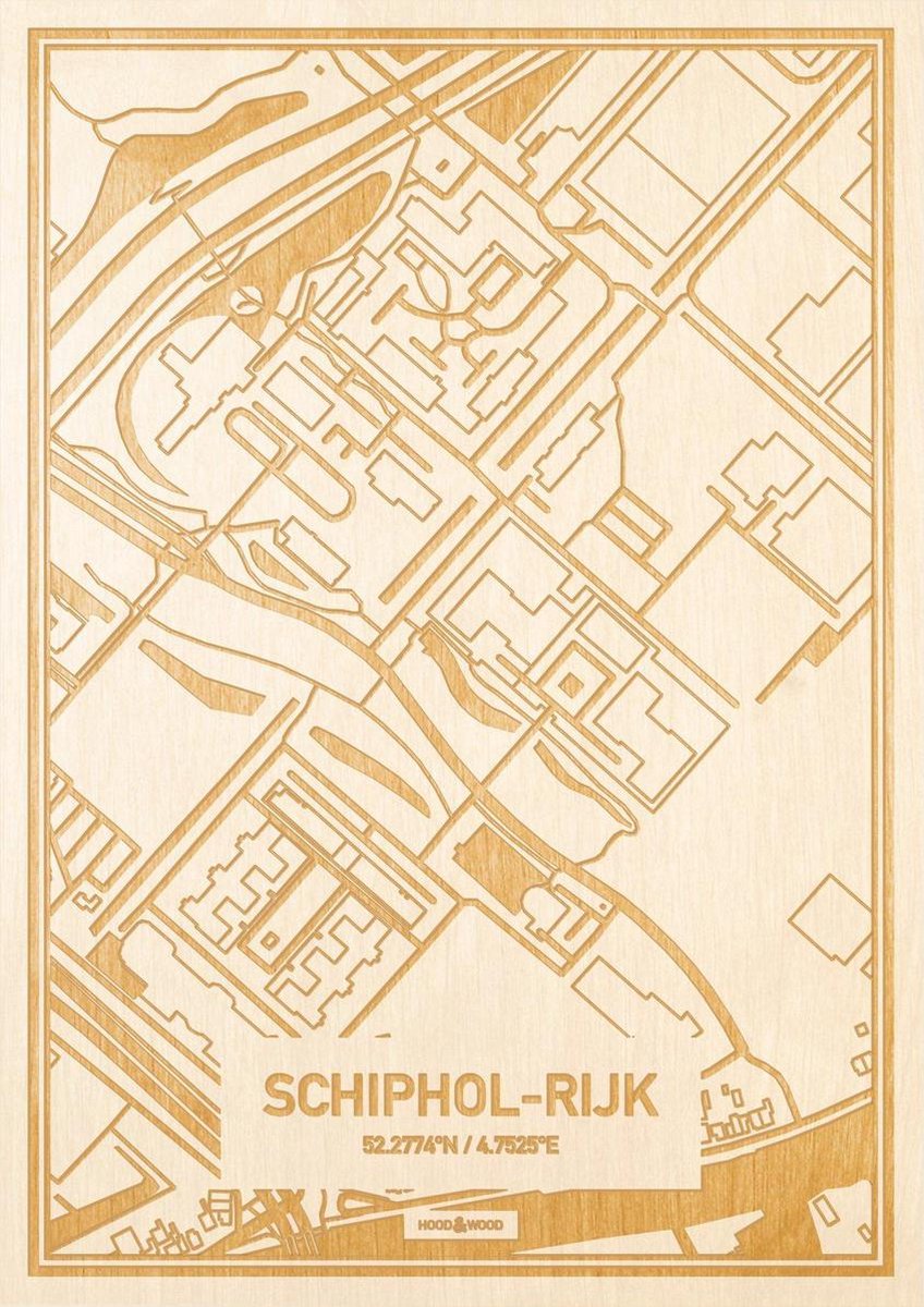 Kaart Schiphol-Rijk - Gegraveerde stadskaart Hood&Wood - Hout, A4 | bol.com