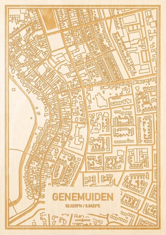 Kaart Genemuiden - Gegraveerde stadskaart Hood&Wood - Hout, A4 | bol.com