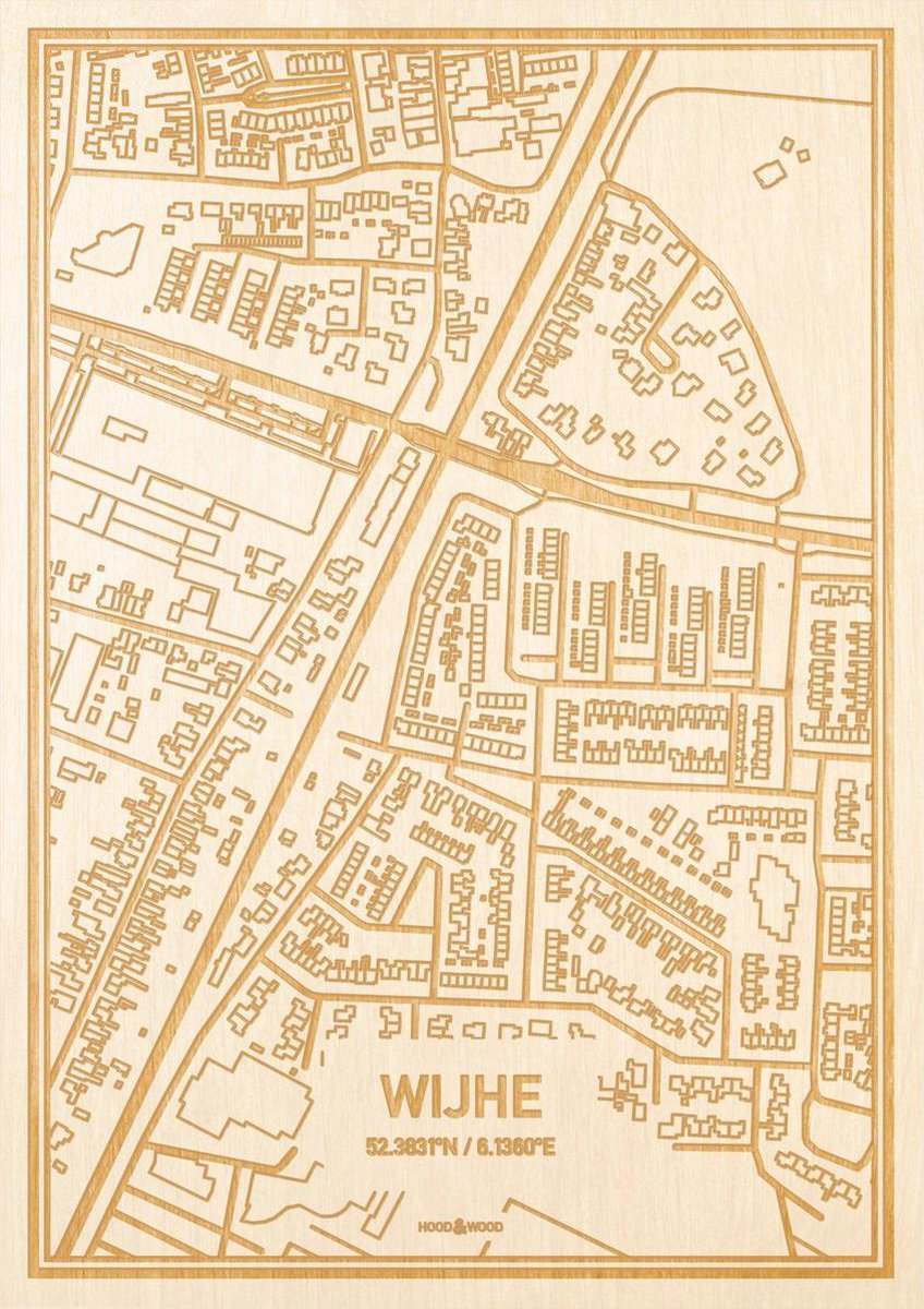 Kaart Wijhe - Gegraveerde stadskaart Hood&Wood - Hout, A4 | bol.com