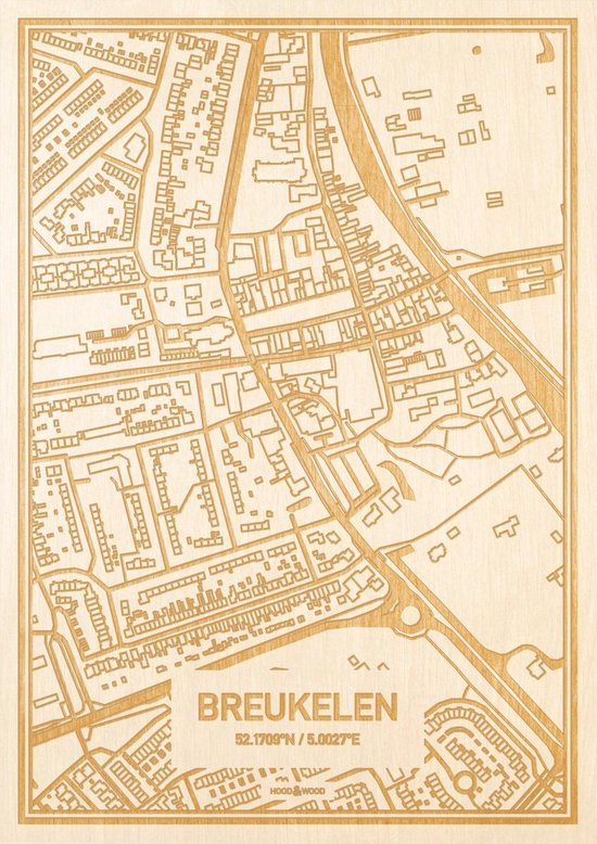 Kaart Breukelen - Gegraveerde stadskaart Hood&Wood - Hout, A4 | bol.com