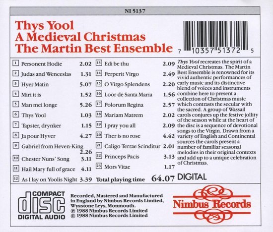 Martin Best Medieval Ensemble - Thys Yool - A Medieval Christmas (CD ...
