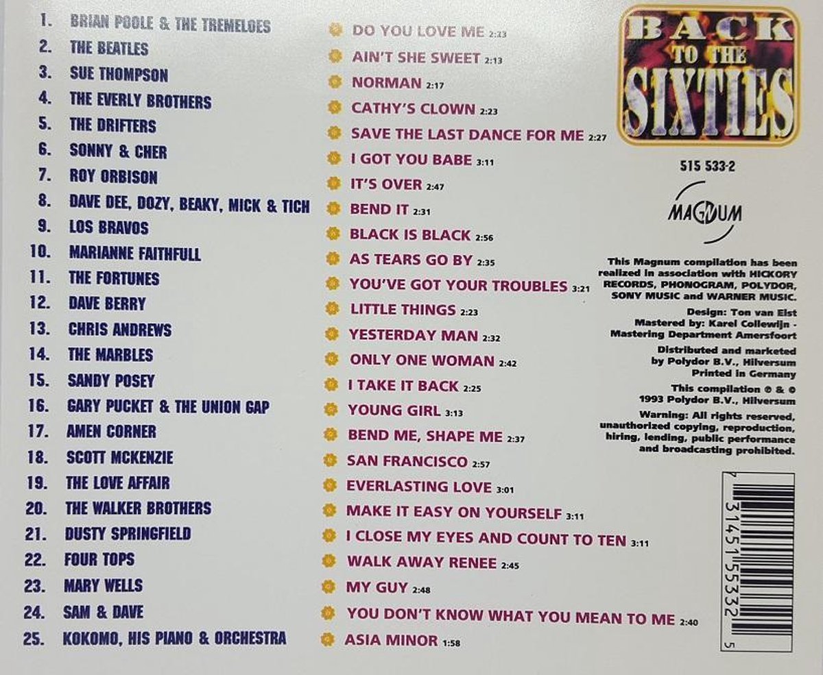 Back to the Sixties: 25 Original hits, 1-CD VARIOUS - BACK TO THE ...