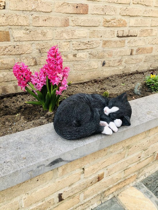 Slapende kat S1 zwart en wit 10 cm hoog - poes - polyester - polystone ...