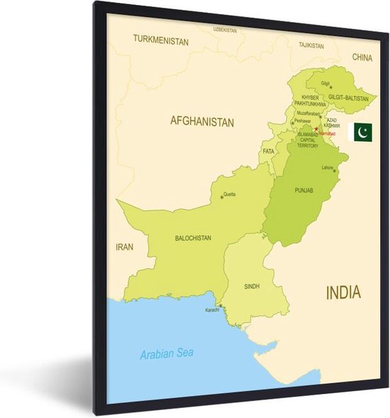 Fotolijst incl. Poster - tekening van kaart van Pakistan en haar ...