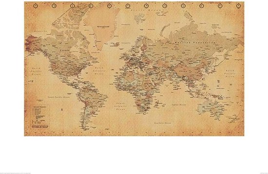 Pyramid Poster - World Map Vintage Style - 80 X 60 Cm - Multicolor | bol
