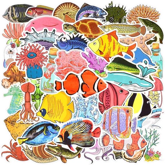 50 stuks stickers vissen en zeedieren 3-8 cm | bol.com