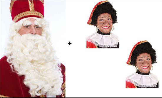 TV Baardstel Sint deluxe + 2x Pieten pruik luxe zwart verstelbare kap ...