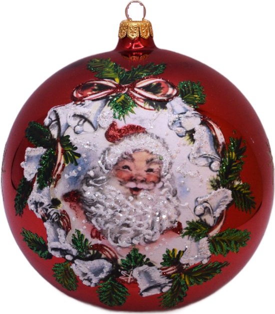 Klassieke Rode Kerstbal met de Kerstman 10 cm groot | bol