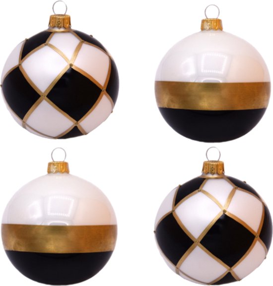 Vier Chique Kerstballen Zwart, Wit en Goud - Doosje met 4 glazen ...