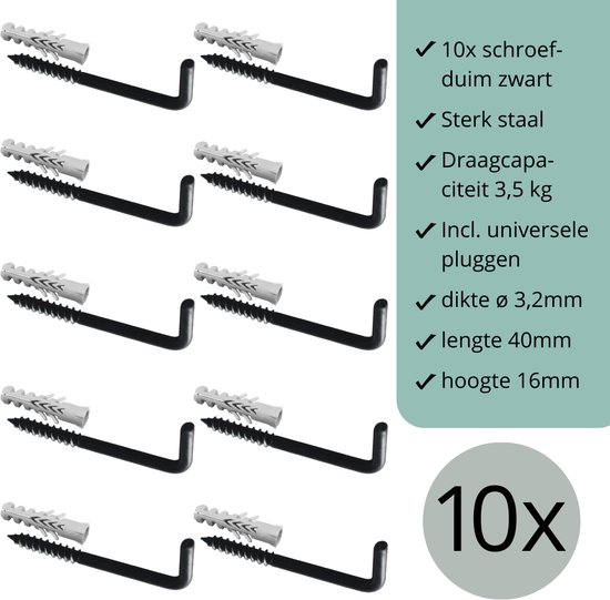 Schroefduimen Zwart - 10 stuks - 40mm x 16mm x ø3,2mm (schroef haak ...