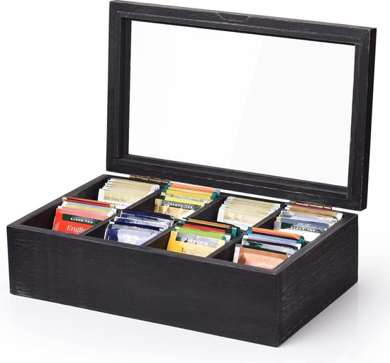 Thee doos groot - Massief hout - 8 vakken - Zwart - 32,5 x 20 x 9,7 cm ...