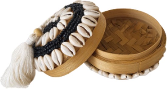 Bamboedoosje kauri schelpen zwarte kraaltjes - decoratief opbergdoosje ...