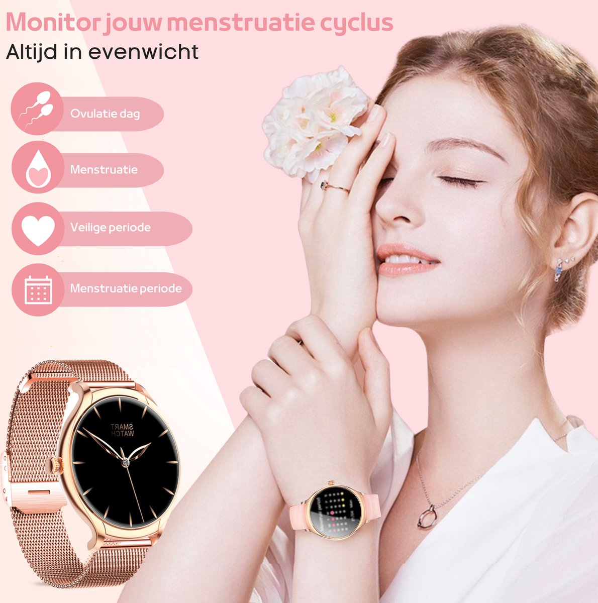 FOXLY® Smartwatch Dames Rose Goud HD Touchscreen - Stappenteller ...