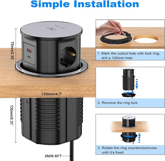 Ohuo - Intrekbare Serie - 3-Voudig Stopcontact - USB C 15W Draadloze ...