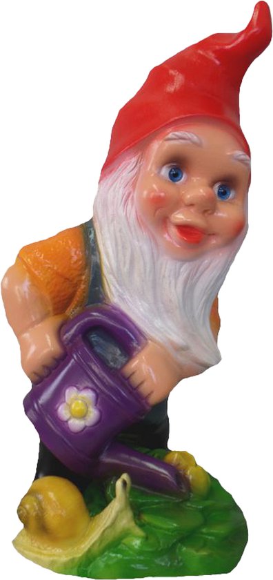 Tuinkabouter rode muts - paarse gieter - gele slak - polystone beeldje ...