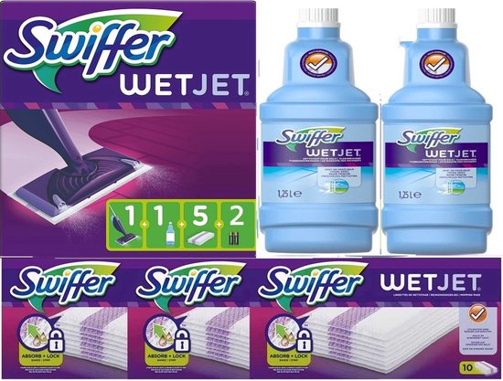 Swiffer WetJet Dweilpakket met 2 batterijen + 30 doekjes + 2 flessen reinigingsmiddel | bol