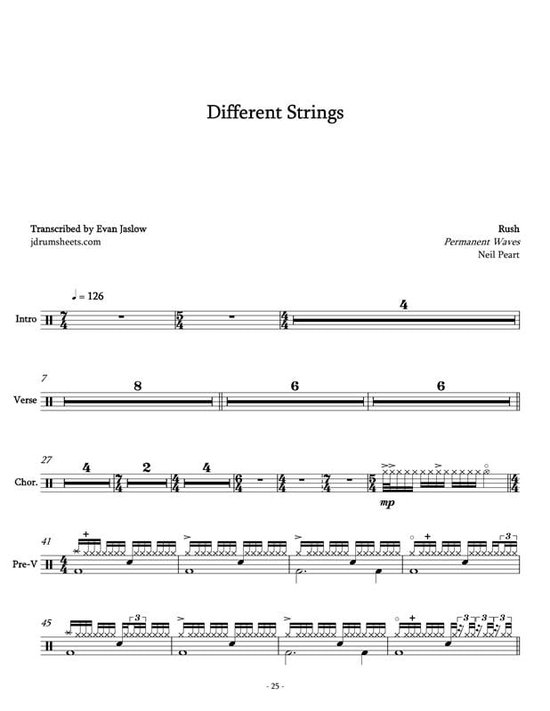 Drum Sheet Music - Rush - Different Strings (ebook), Evan Aria Serenity ...