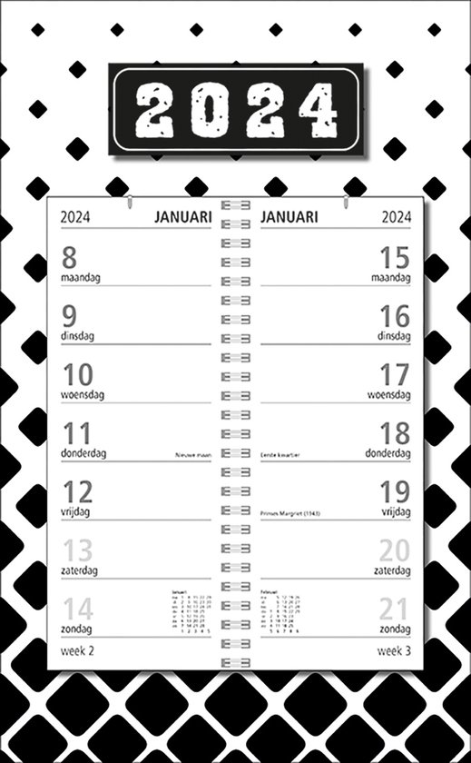 MGPcards - Omleg-weekkalender 2024 - Week begint op Maandag - Zwart-Wit ...