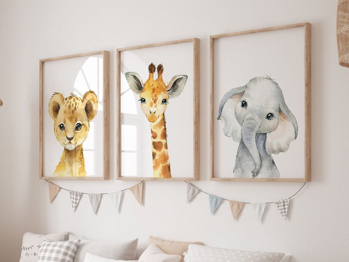 Kinderkamer Poster Set - 3 stuks - 30x40 cm - Safari Dieren - Giraffe ...